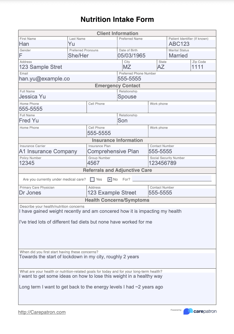 Nutrition Intake Form Template Free PDF Download
